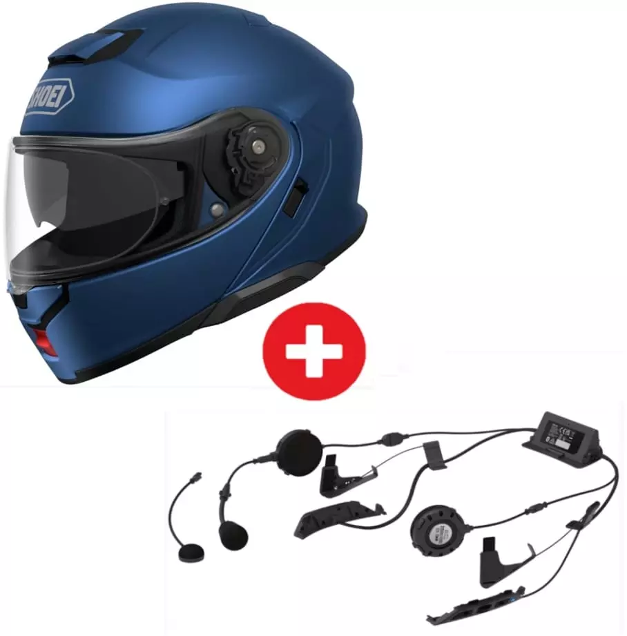 Pack Casque Shoei Neotec 3 Bleu Mat Métallique + Intercom Bluetooth Sena Mesh 3 SRL3 - Casque ...