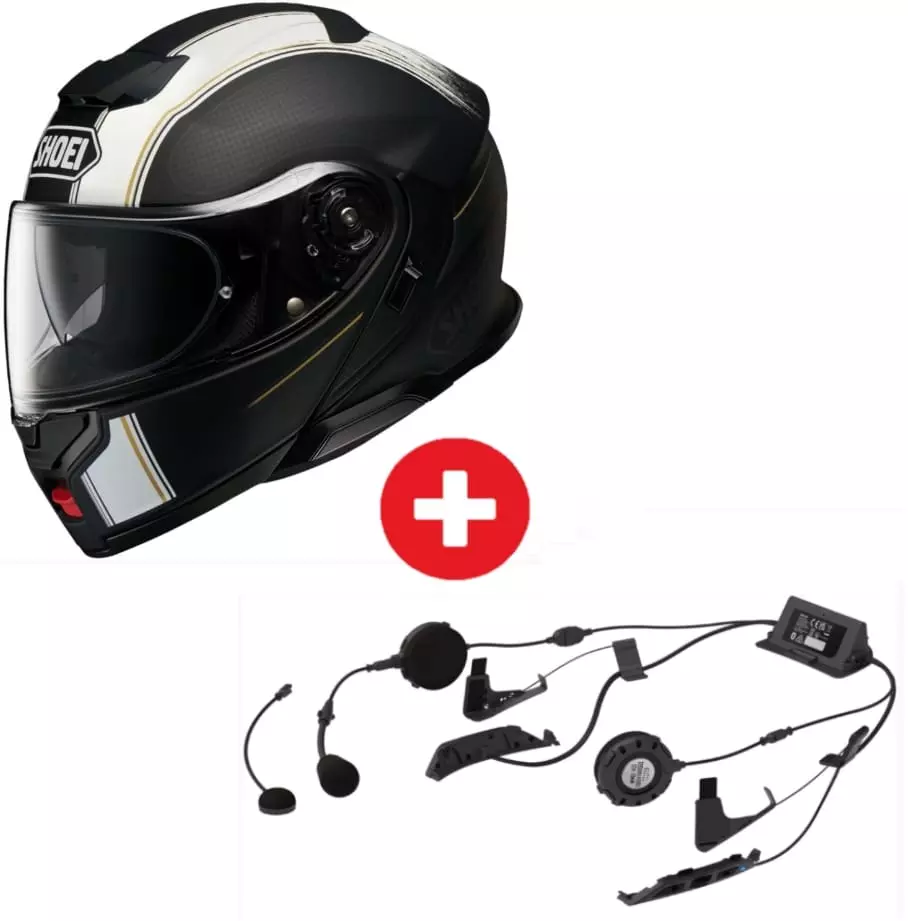 Pack Casque Shoei Neotec 3 Satori TC-5 Noir Blanc + Intercom Bluetooth ...
